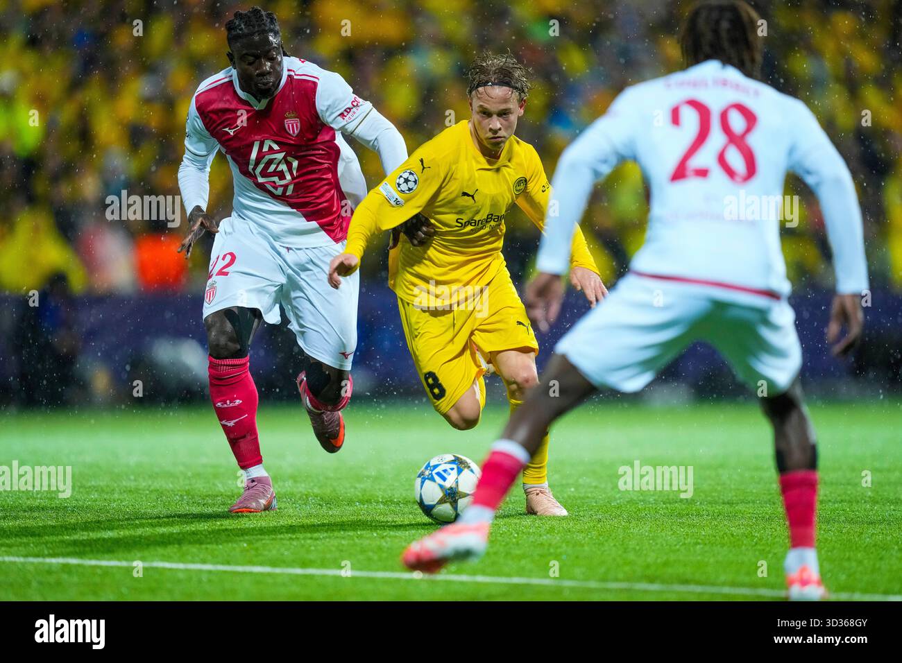 Monaco's Mohammed Salisu, left, challenges for the ball with Bodø's ...