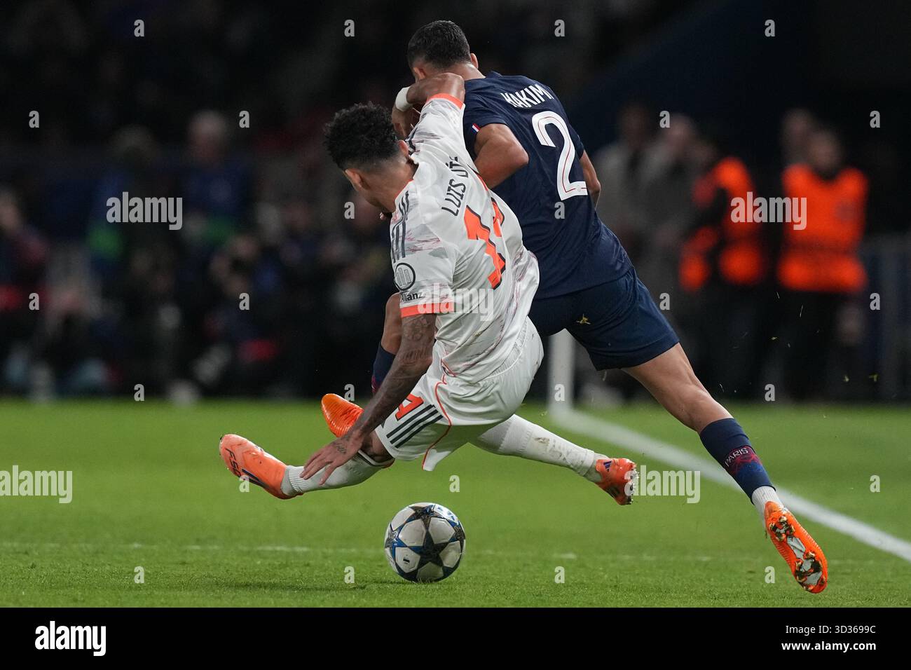 Bayern's Luis Diaz fouls PSG's Achraf Hakimi during the Champions League opening phase soccer ...