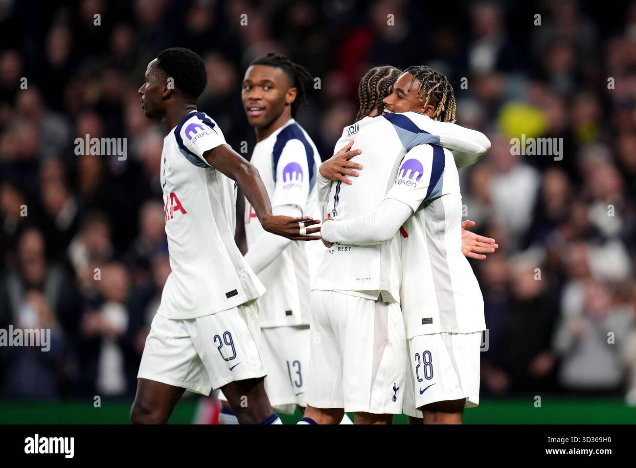 Tottenham Hotspur's Wilson Odobert (right) celebrates scoring their ...