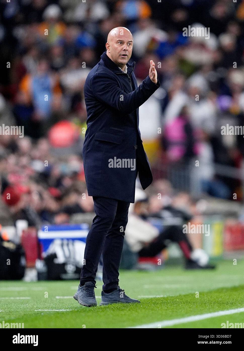 Liverpool manager Arne Slot gestures on the touchline during the UEFA ...