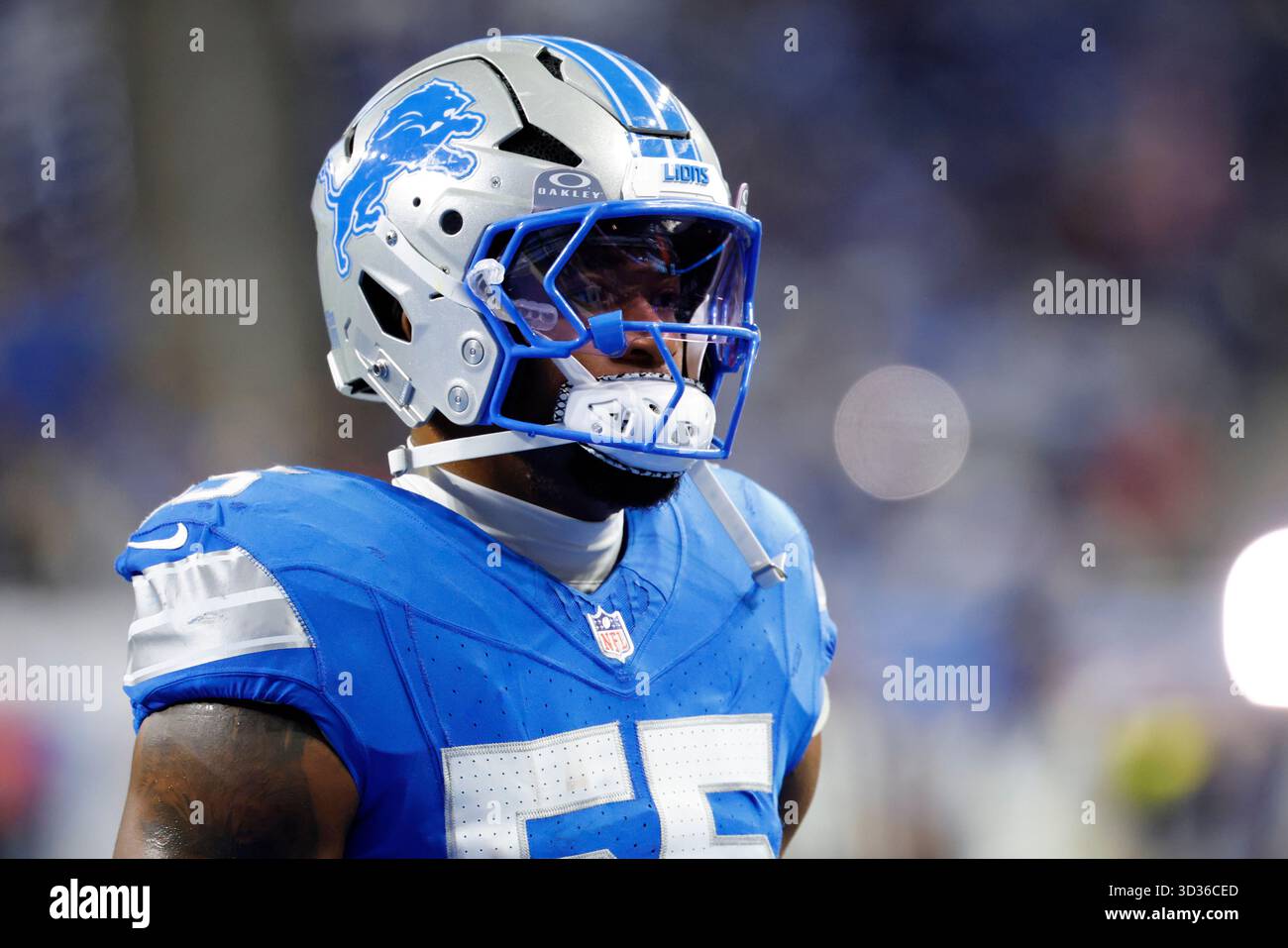 Detroit Lions linebacker Derrick Barnes (55) walks off the field ...