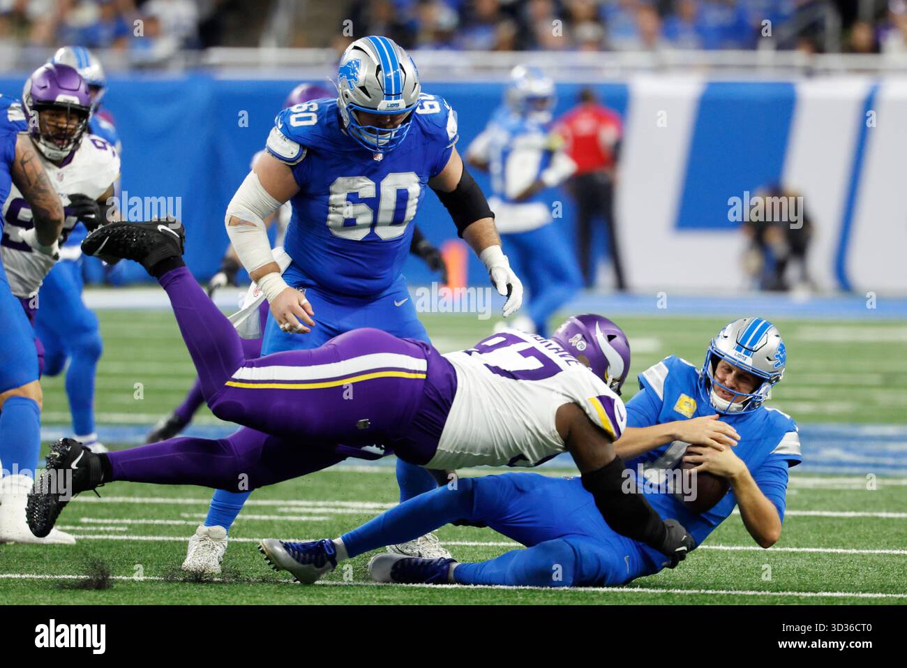 Detroit Lions quarterback Jared Goff (16) is sacked by Minnesota ...