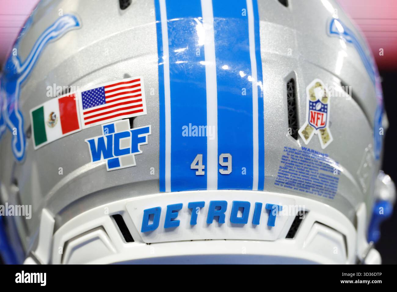 A detailed view of the helmet worn by Detroit Lions long snapper Hogan ...