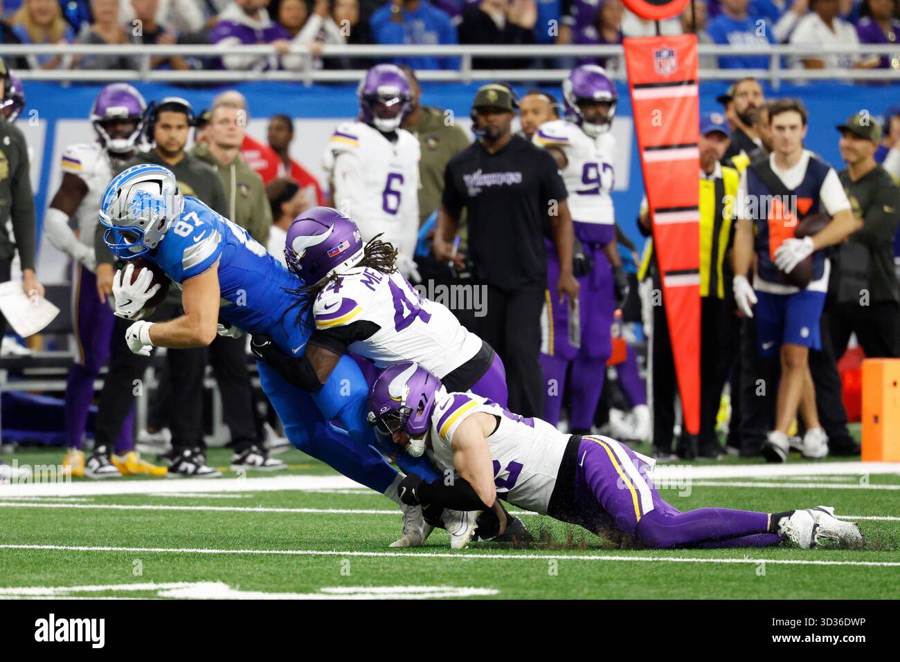 Detroit Lions tight end Sam LaPorta (87) is tackled by Minnesota ...
