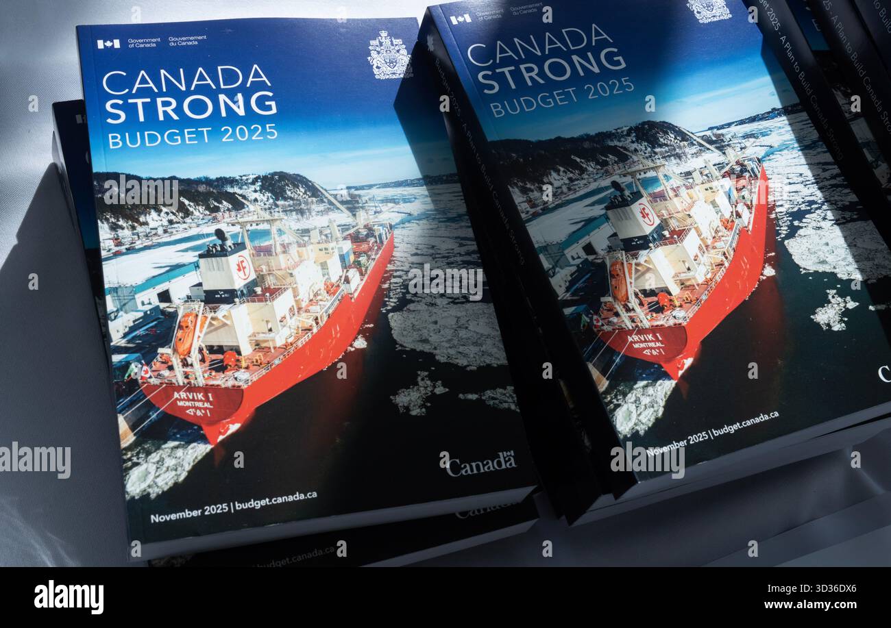 The federal budget is seen available for distribution on tables in ...