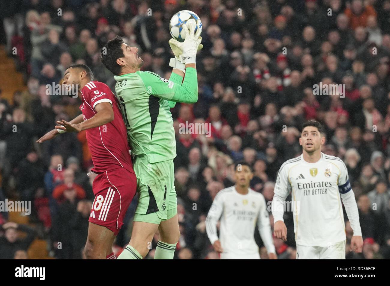 Real Madrid's goalkeeper Thibaut Courtois catches the ball in front of ...
