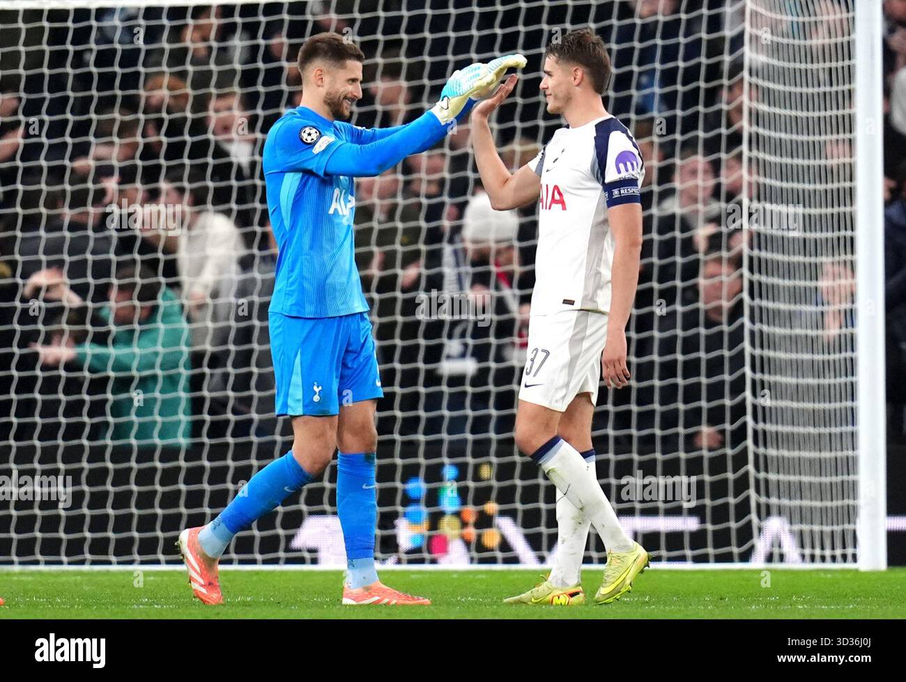 Tottenham Hotspur goalkeeper Guglielmo Vicario and Micky van de Ven ...