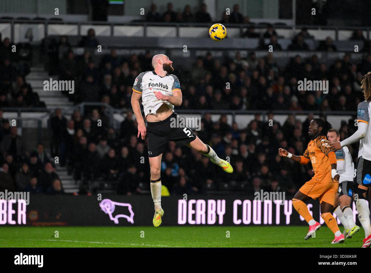 Matthew Clarke of Derby County heads the ball clear during the Sky Bet ...