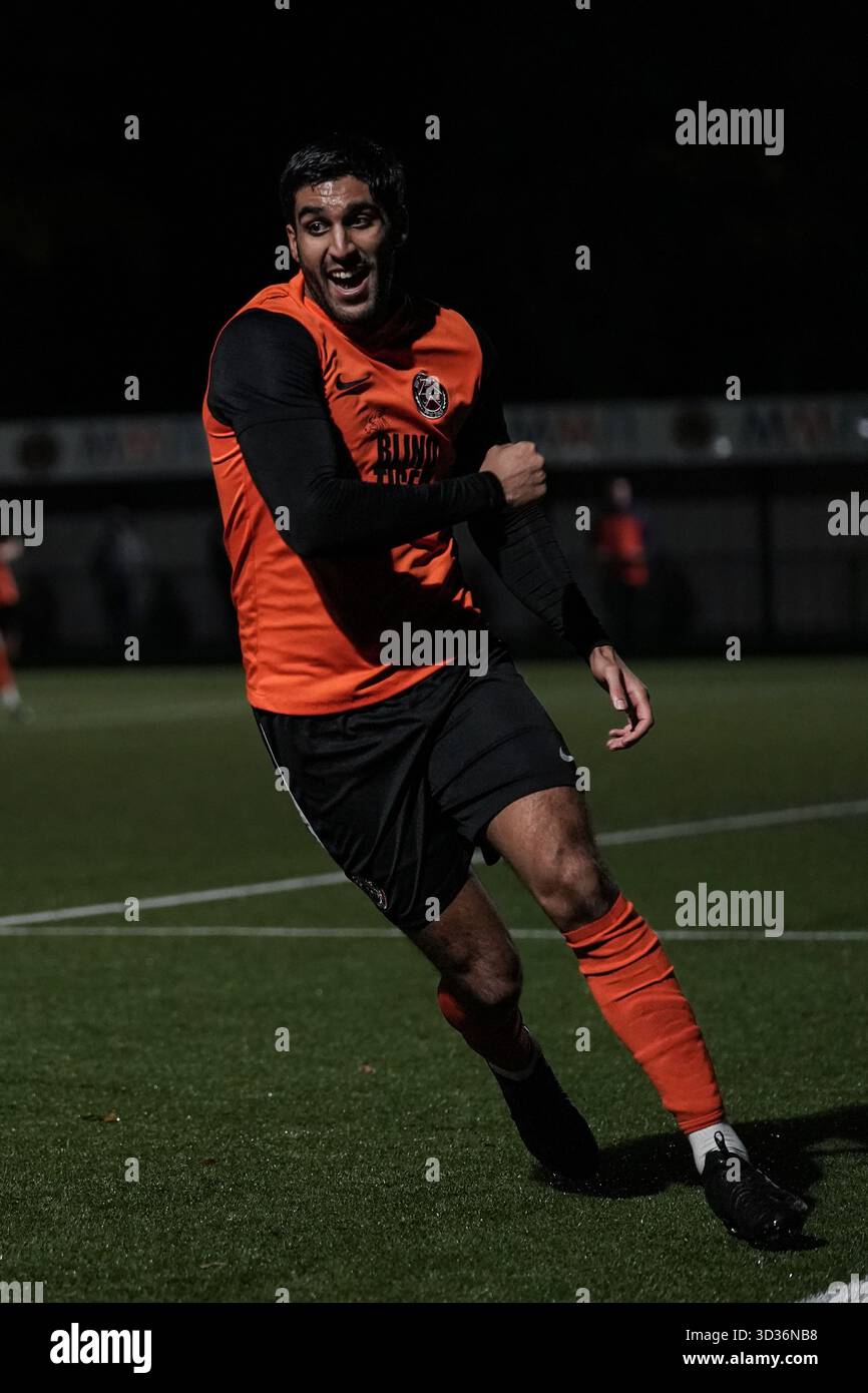 Euxton, UK, 4th Nov 2025. Raj Uppal of Euxton Villa celebrates scoring ...