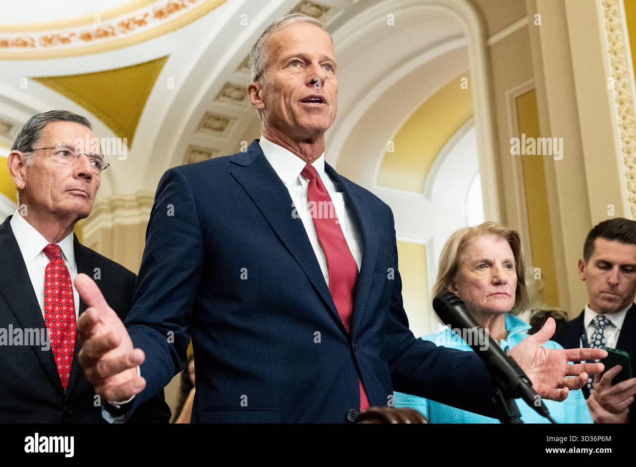Senate Majority Leader John Thune (R-SD) speaking at a press conference ...