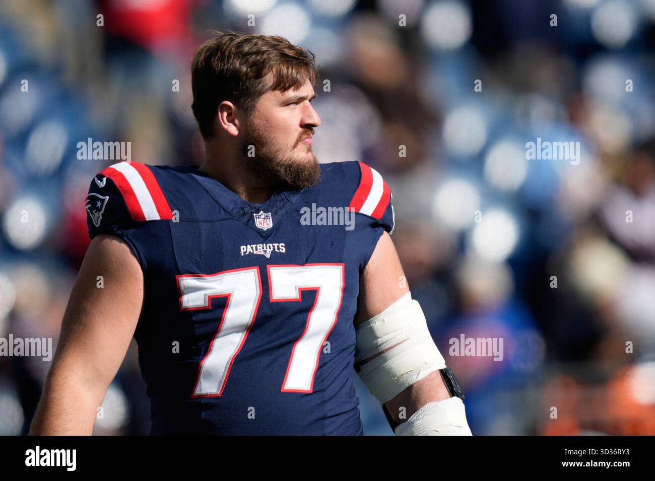 New England Patriots center Ben Brown (77) , Sunday, Nov. 2, 2025, in ...