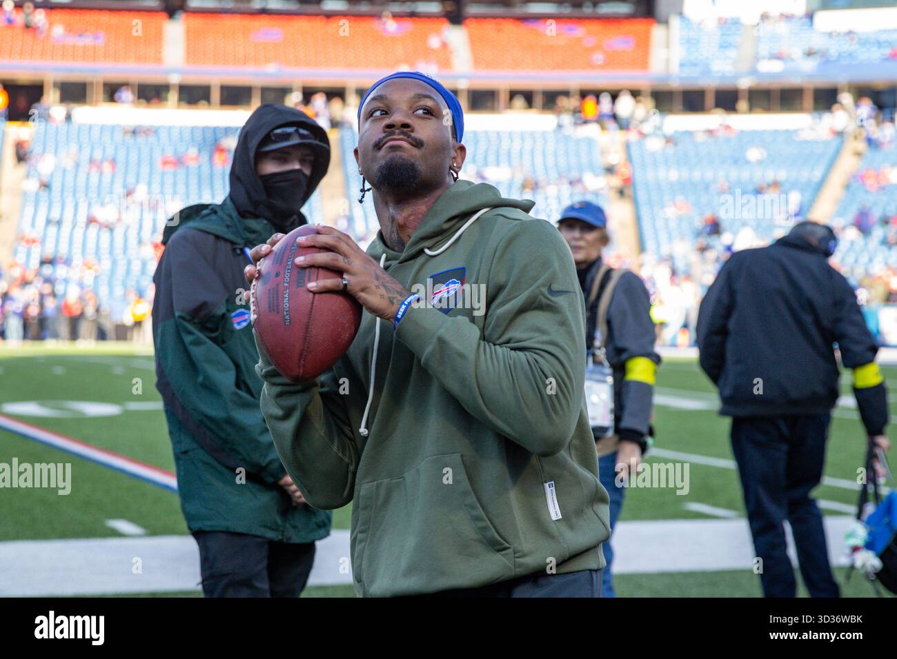 Buffalo Bills cornerback Christian Benford (47) plays catch with fans ...