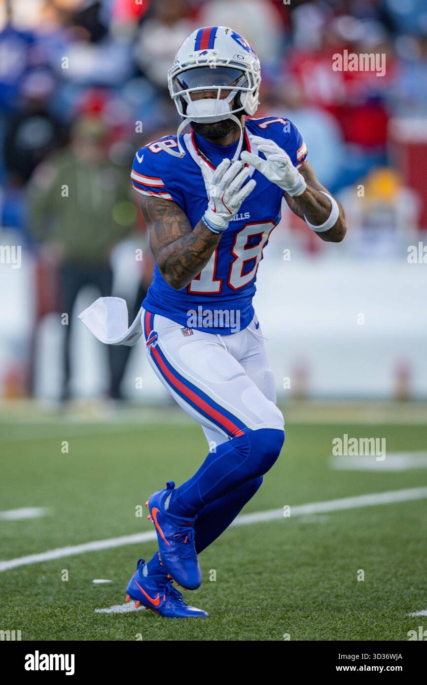 Buffalo Bills wide receiver Elijah Moore (18) warms up before an NFL ...