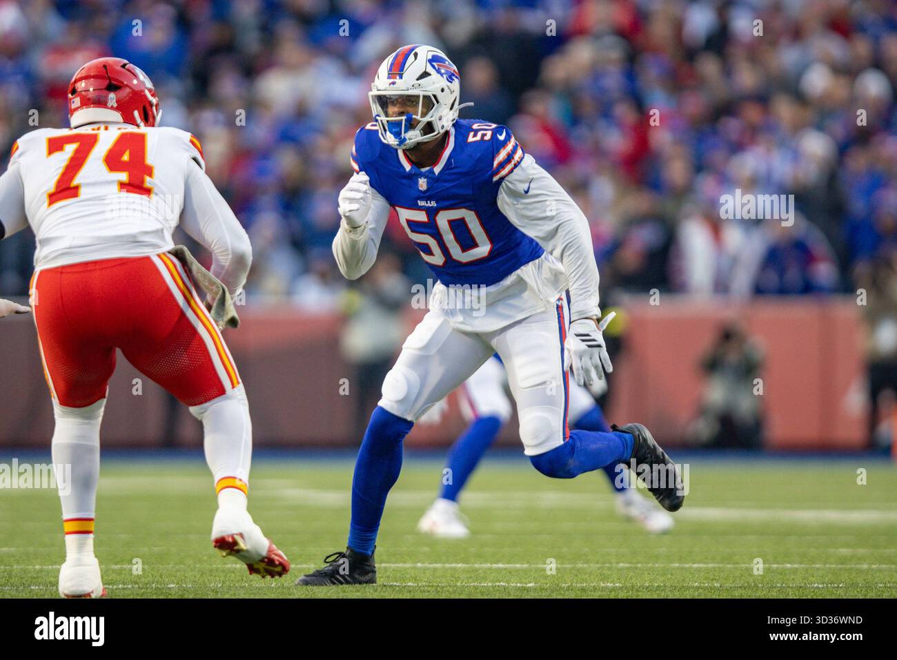 Buffalo Bills defensive end Greg Rousseau (50) rushes during an NFL ...