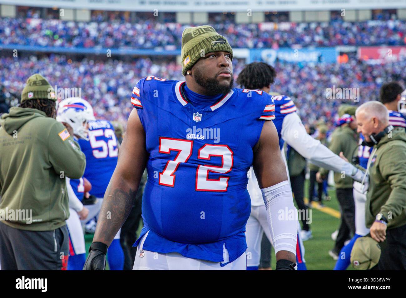 Buffalo Bills defensive tackle Phidarian Mathis (72) walks the sideline ...