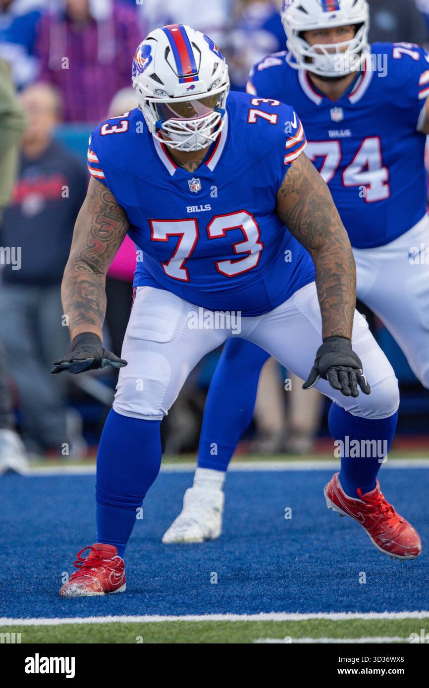 Buffalo Bills offensive tackle Dion Dawkins (73) warms up before an NFL ...