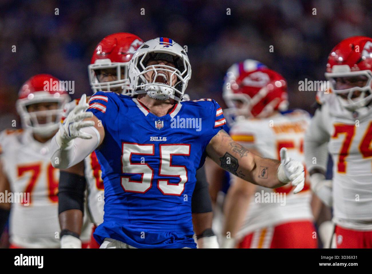 Buffalo Bills defensive end Michael Hoecht (55) celebrates during an ...