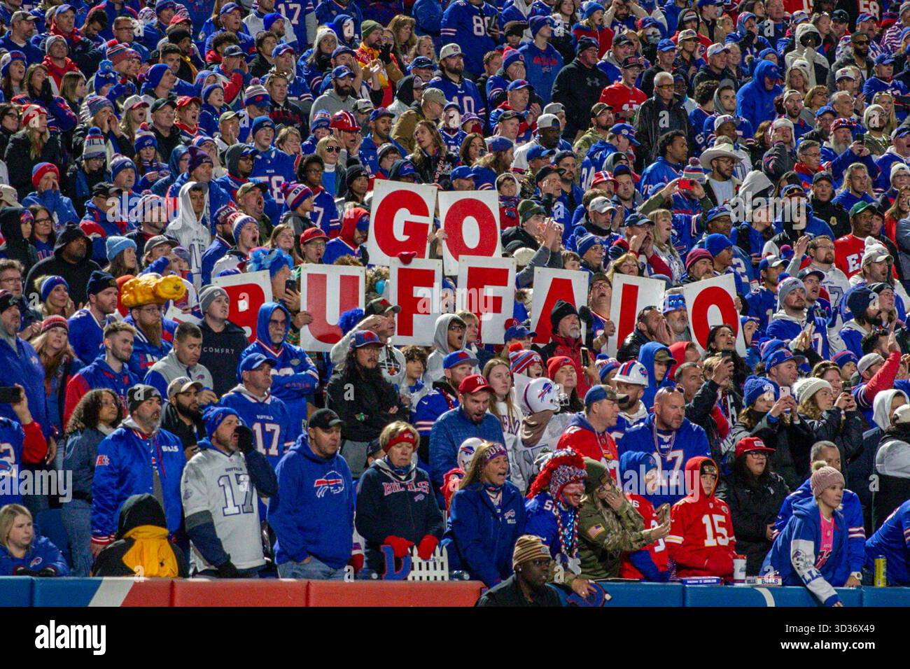 Buffalo Bills fans, some holding signs that spell out "GO BUFFALO ...