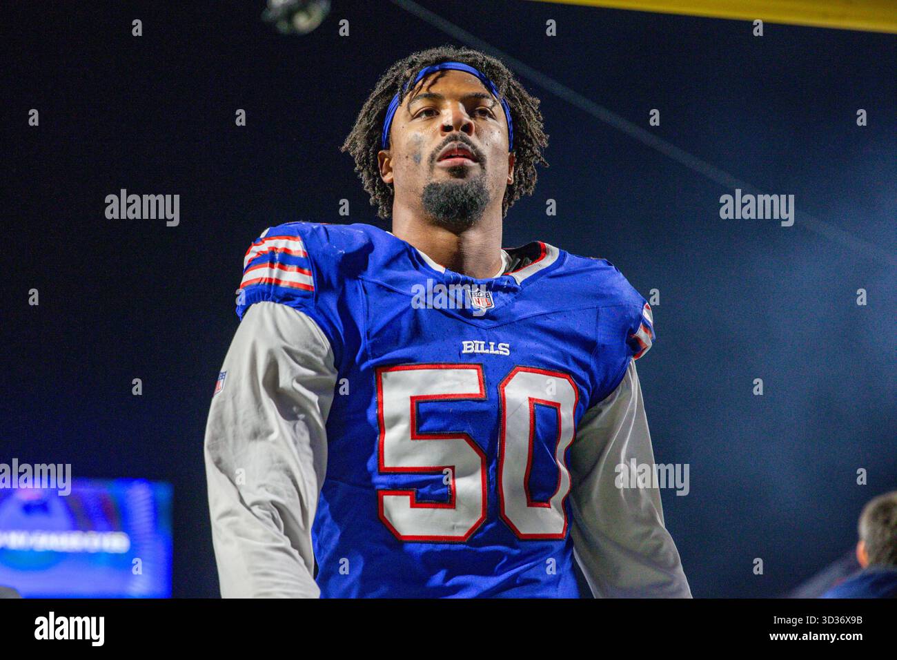 Buffalo Bills defensive end Greg Rousseau (50) leaves the field after ...