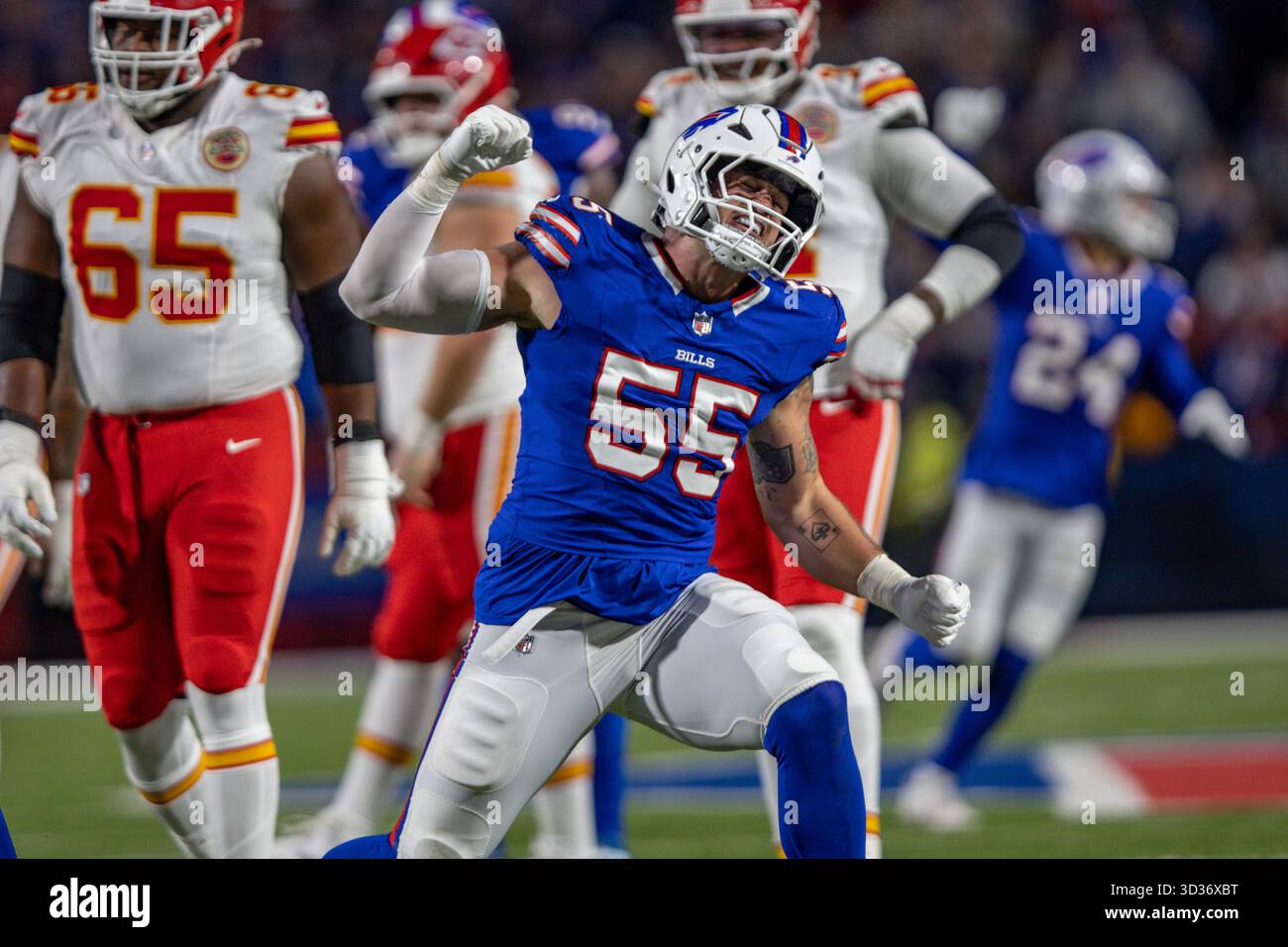 Buffalo Bills defensive end Michael Hoecht (55) celebrates during an ...