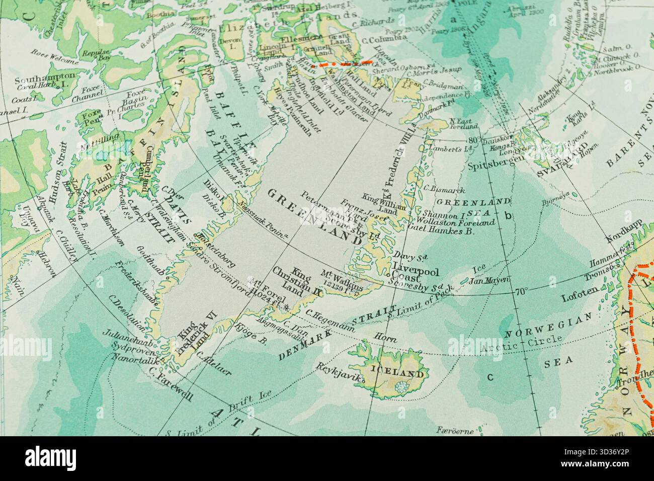 Antique-style world map detail showing Greenland, surrounding regions ...