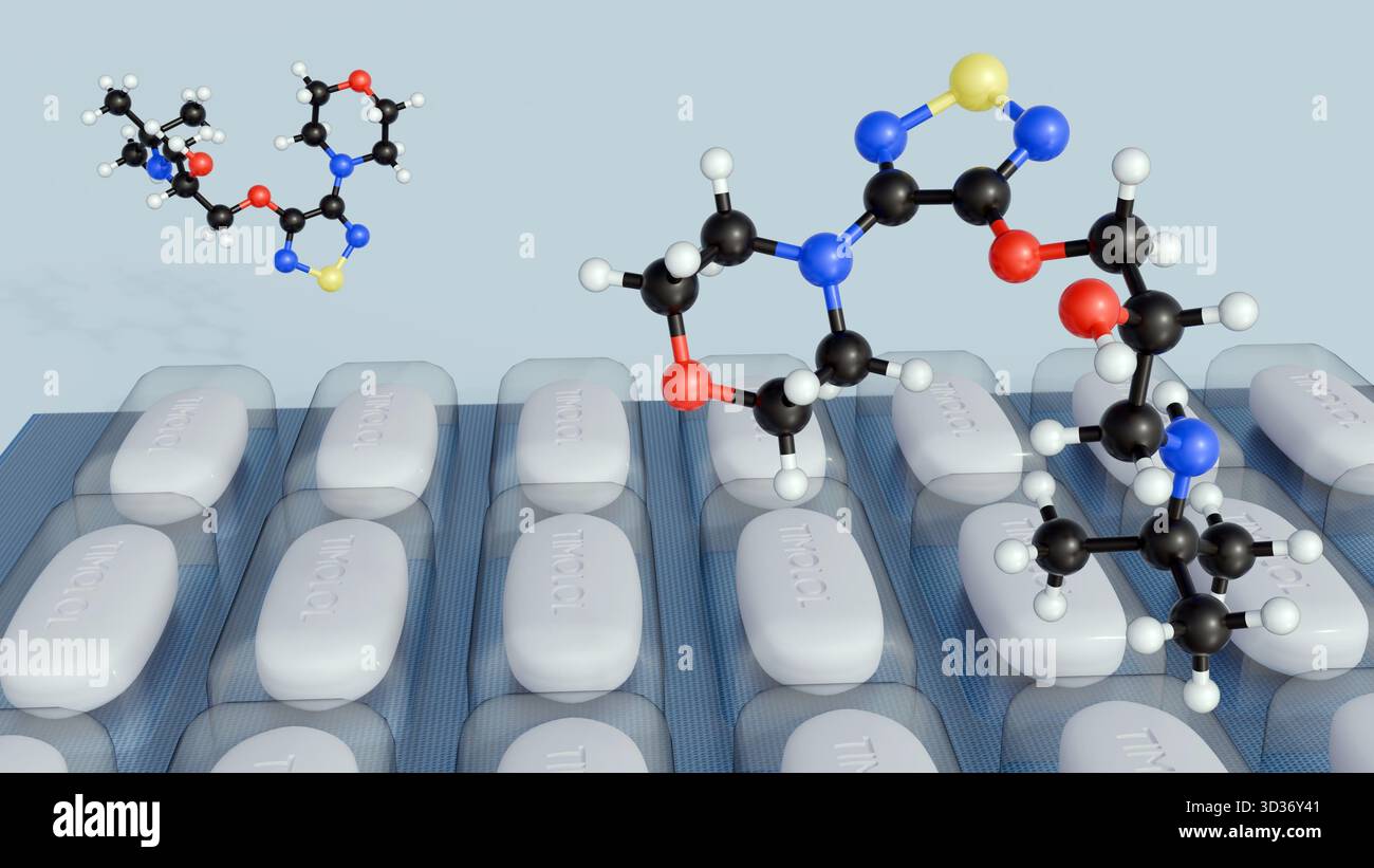 3D illustration of Timolol molecular model and oval shaped pill labeled ...