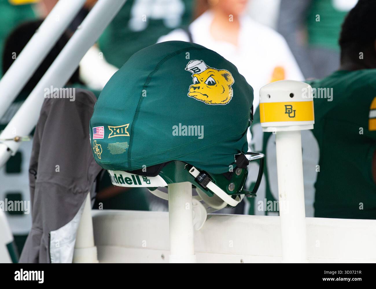 November 01, 2025 Baylor Bears helmet with a guardian cap on during the ...