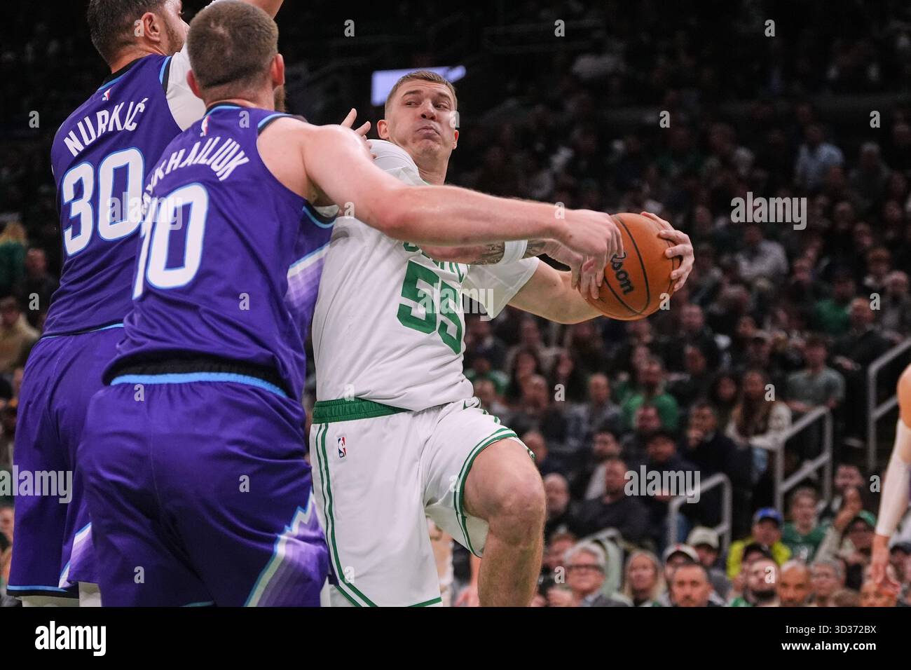 Boston Celtics guard Baylor Scheierman (55) during an NBA basketball game, Monday, Nov. 3, 2025 ...