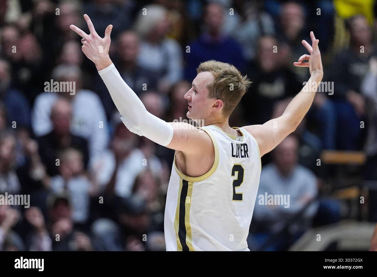 Purdue guard Fletcher Loyer (2) celebrates after a three-poiint basket ...