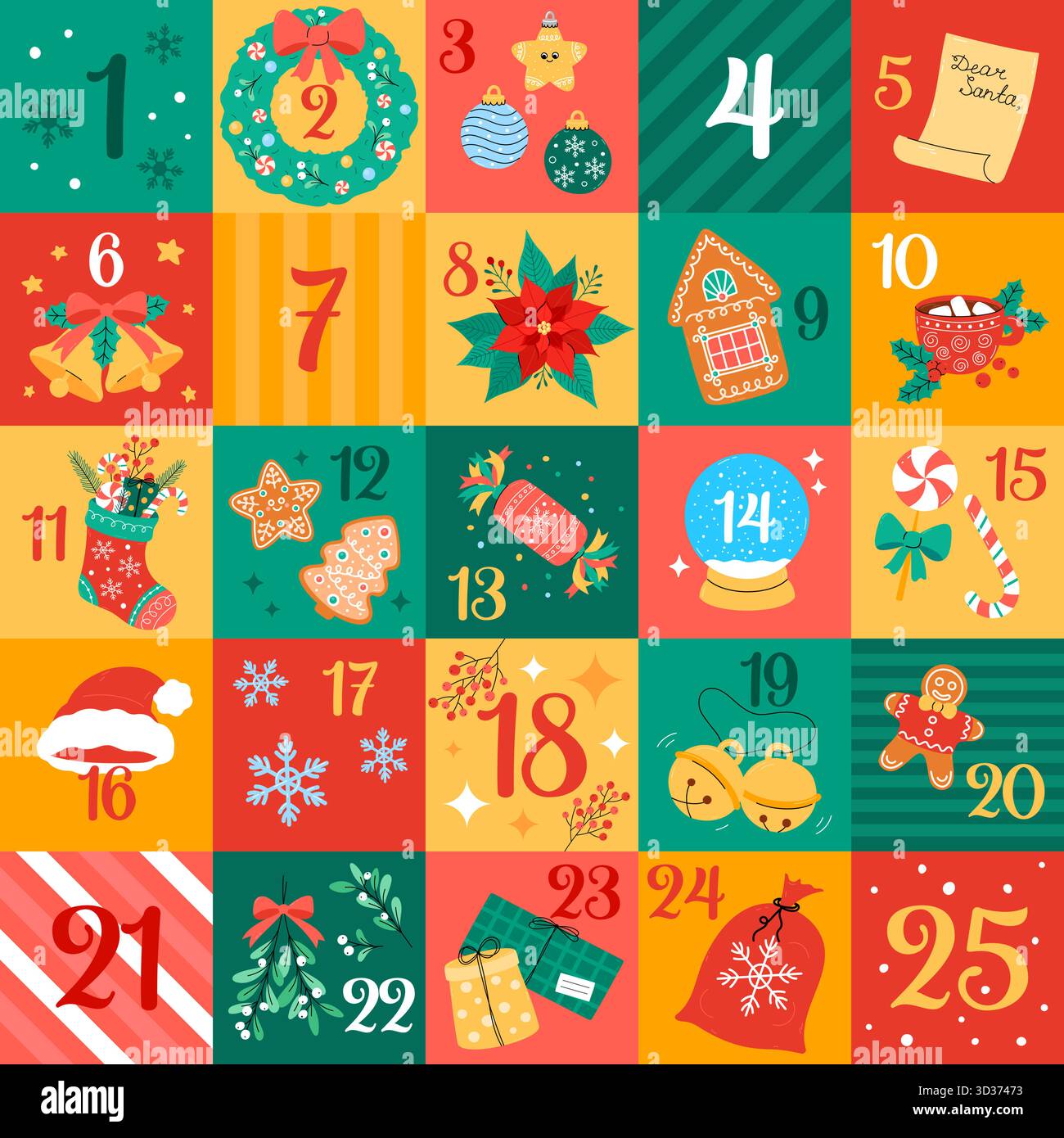 Christmas Advent calendar. Funny Xmas symbols, objects, and numbers 1 ...