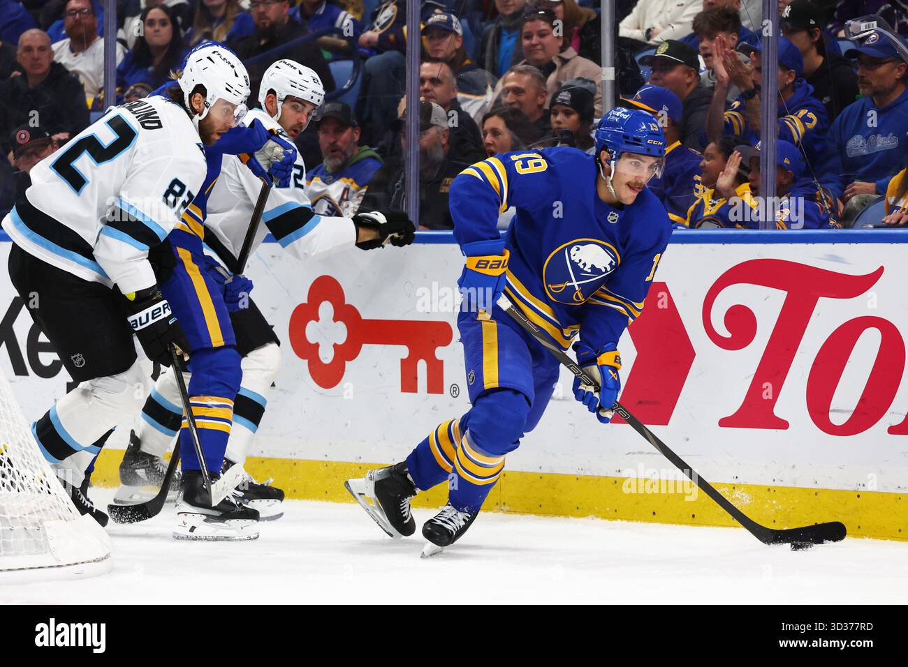 Buffalo Sabres center Peyton Krebs (19) carries the puck past Utah ...