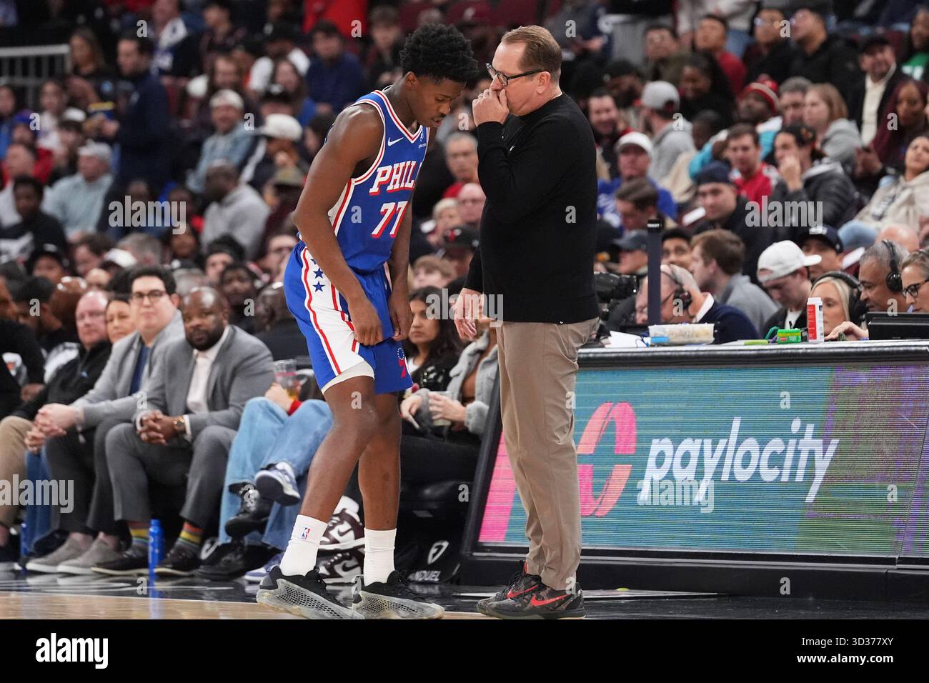 Philadelphia 76ers Head Coach Nick Nurse, right, talks with guard Vj ...
