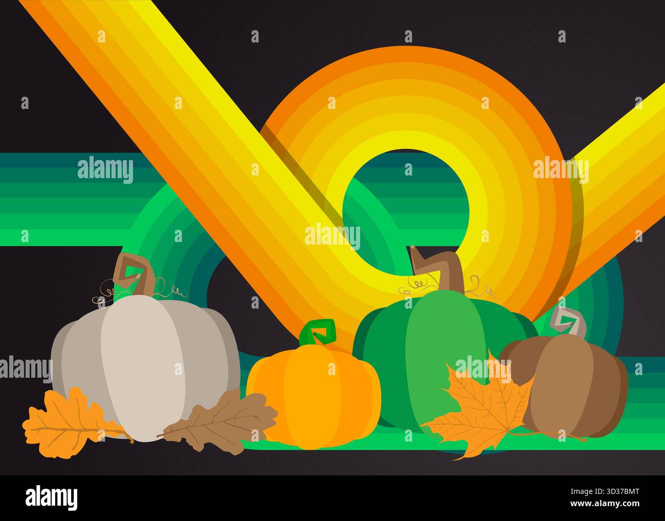 Retro 70s Background with Thanksgiving Autumn leaf and Pumpkin. Groovy ...