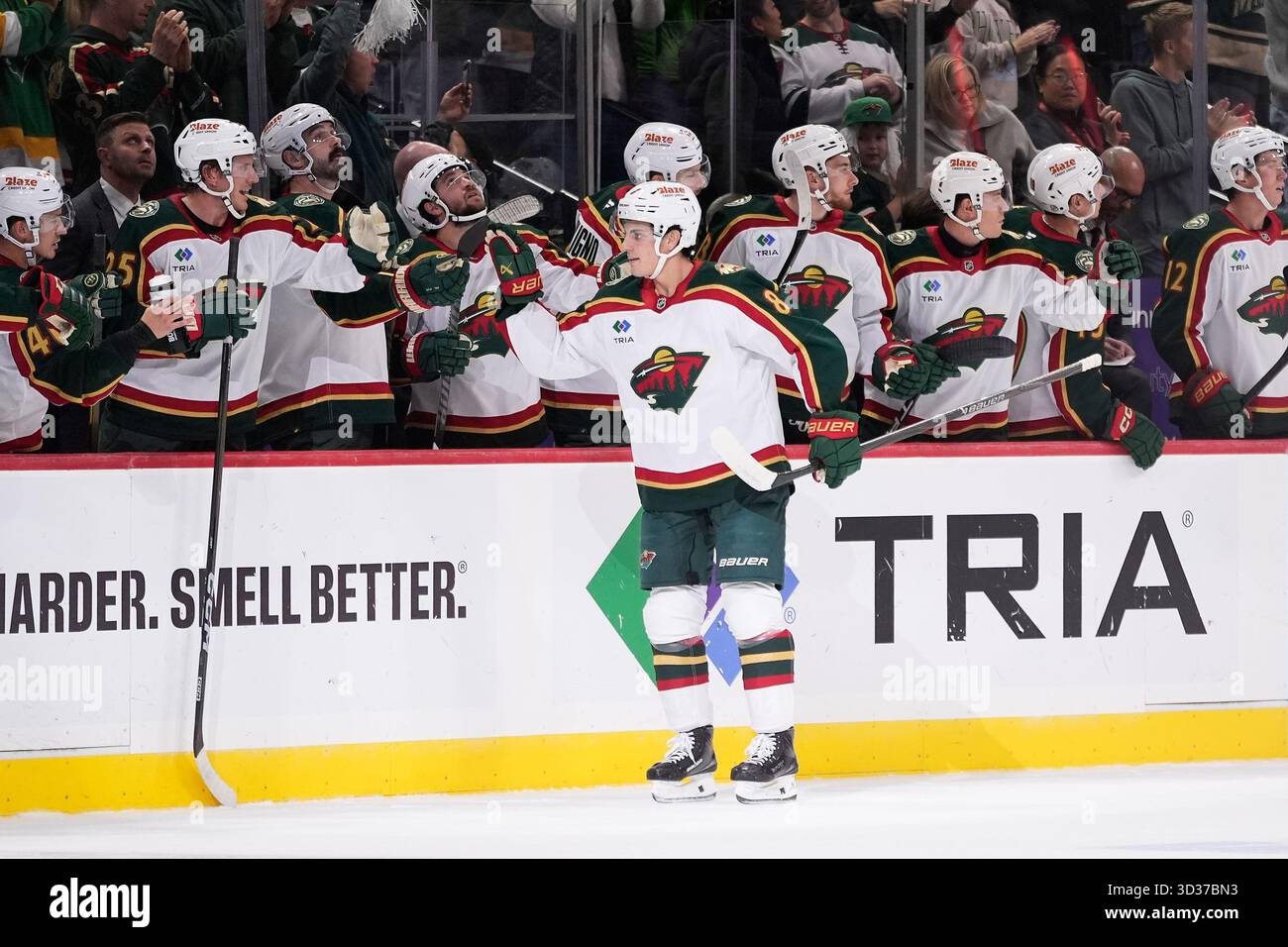 Minnesota Wild defenseman Zeev Buium (8) celebrates with teammates ...