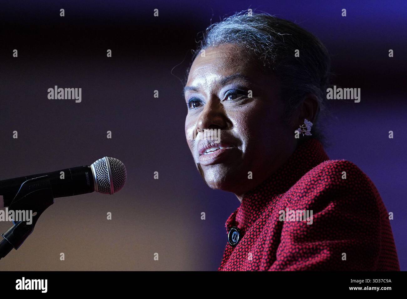 Republican Winsome Earle-Sears speaks on stage at an election night ...