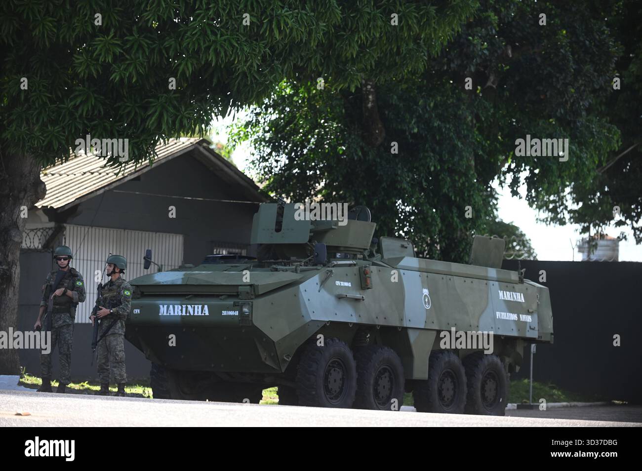 Belem, Brazil. 4th Nov, 2025. Army personnel patrol the area for the ...