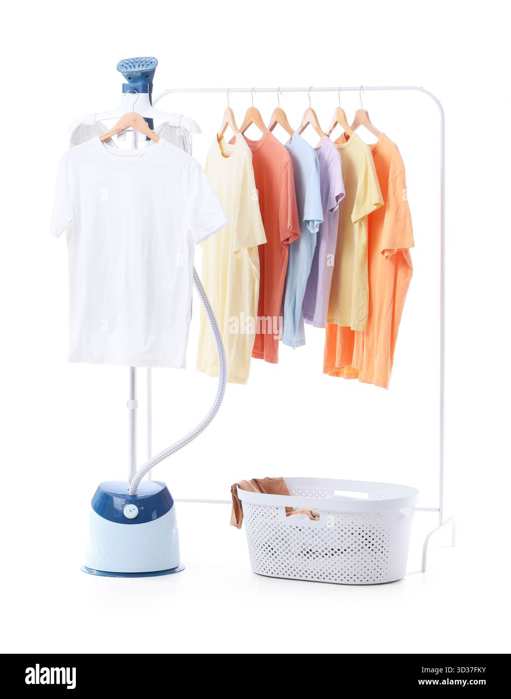 Modern steamer for clothes and rack with t-shirts on white background ...