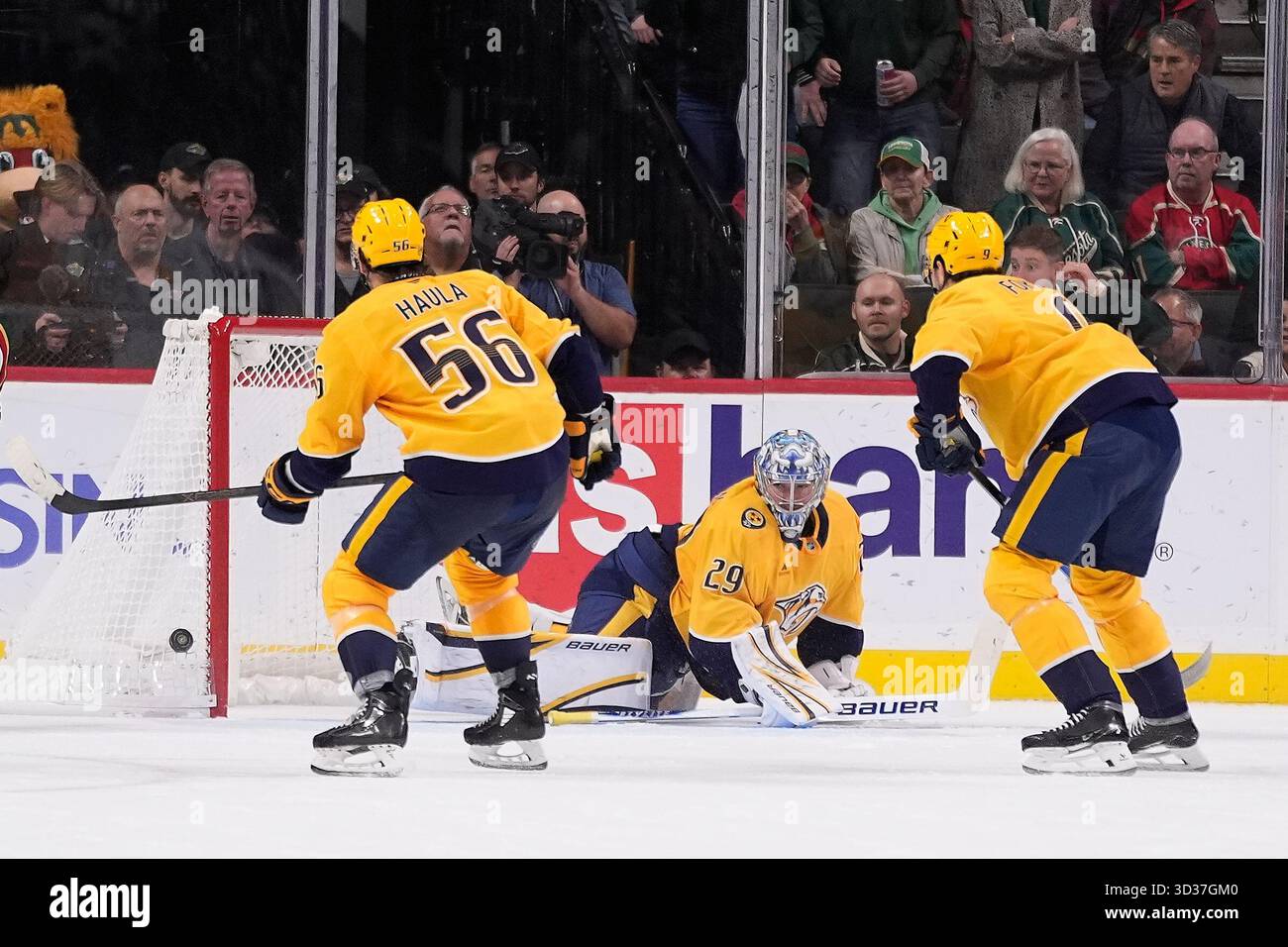 Nashville Predators goaltender Justus Annunen (29) gives up a goal to ...
