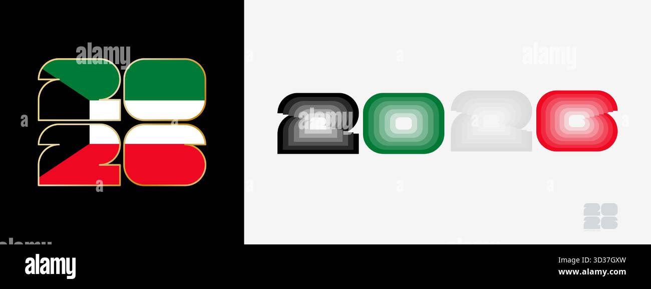 Year 2026 with flag of Kuwait and in color palate of Kuwait flag. Happy ...