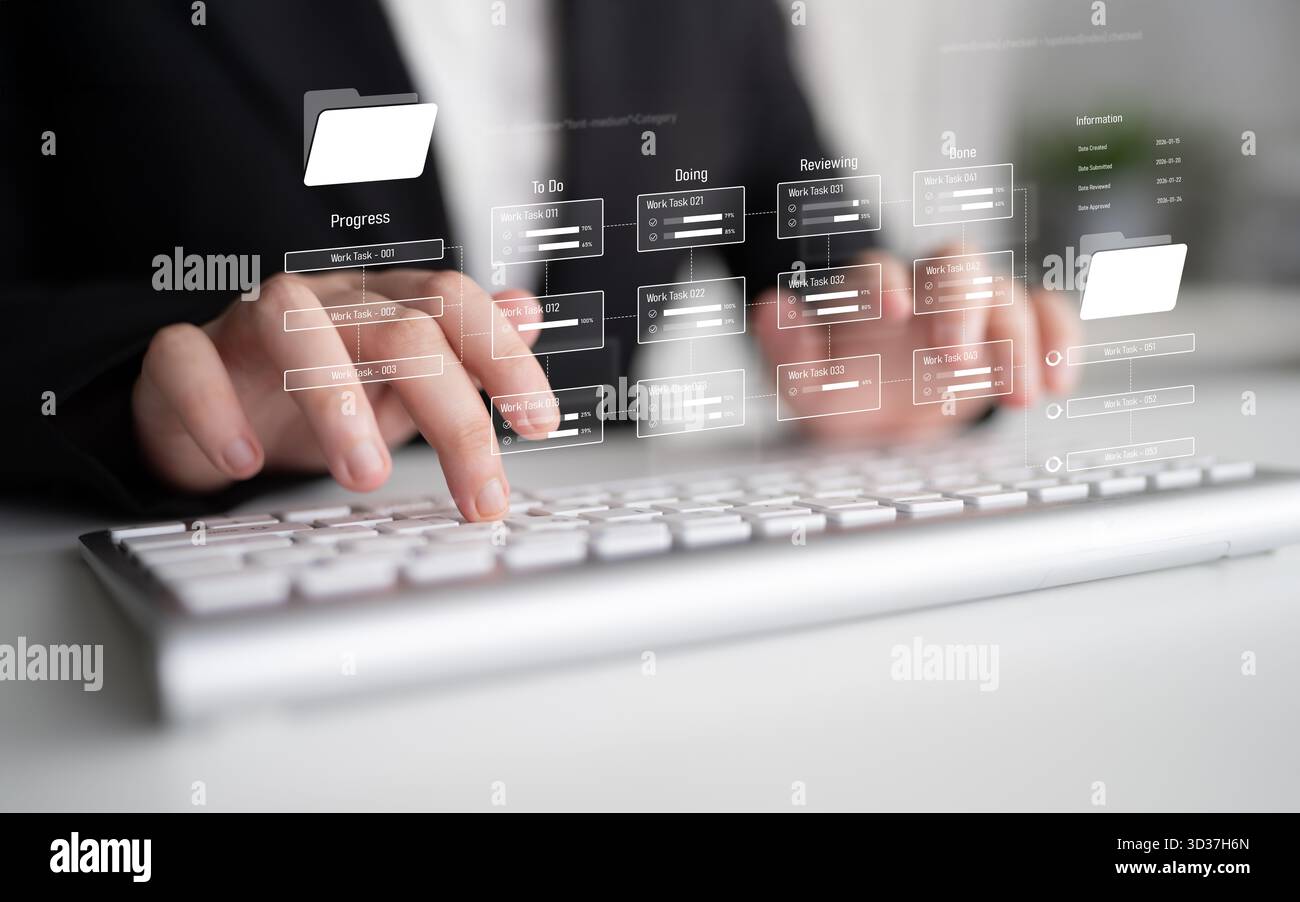 Project management system showing workflow stages, task progress, and ...