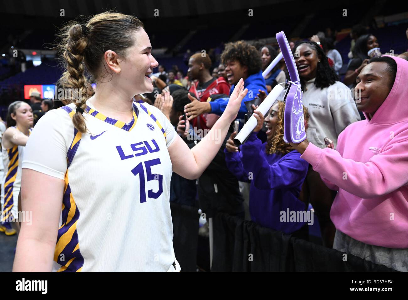 LSU's forward Meghan Yarnevich (15) celebrates the postgame of the ...