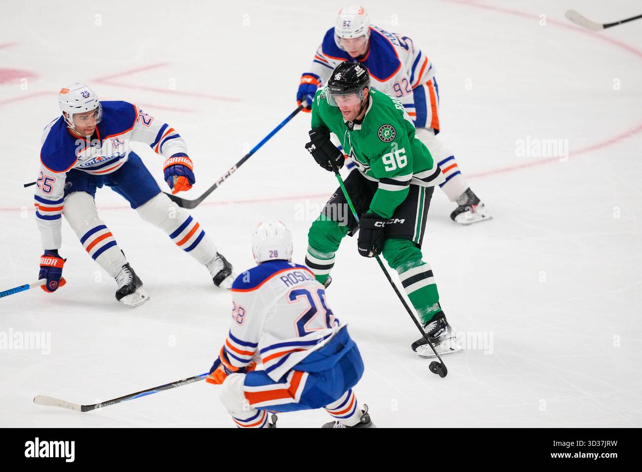 Dallas Stars' Mikko Rantanen (96) controls the puck as Edmonton Oilers ...
