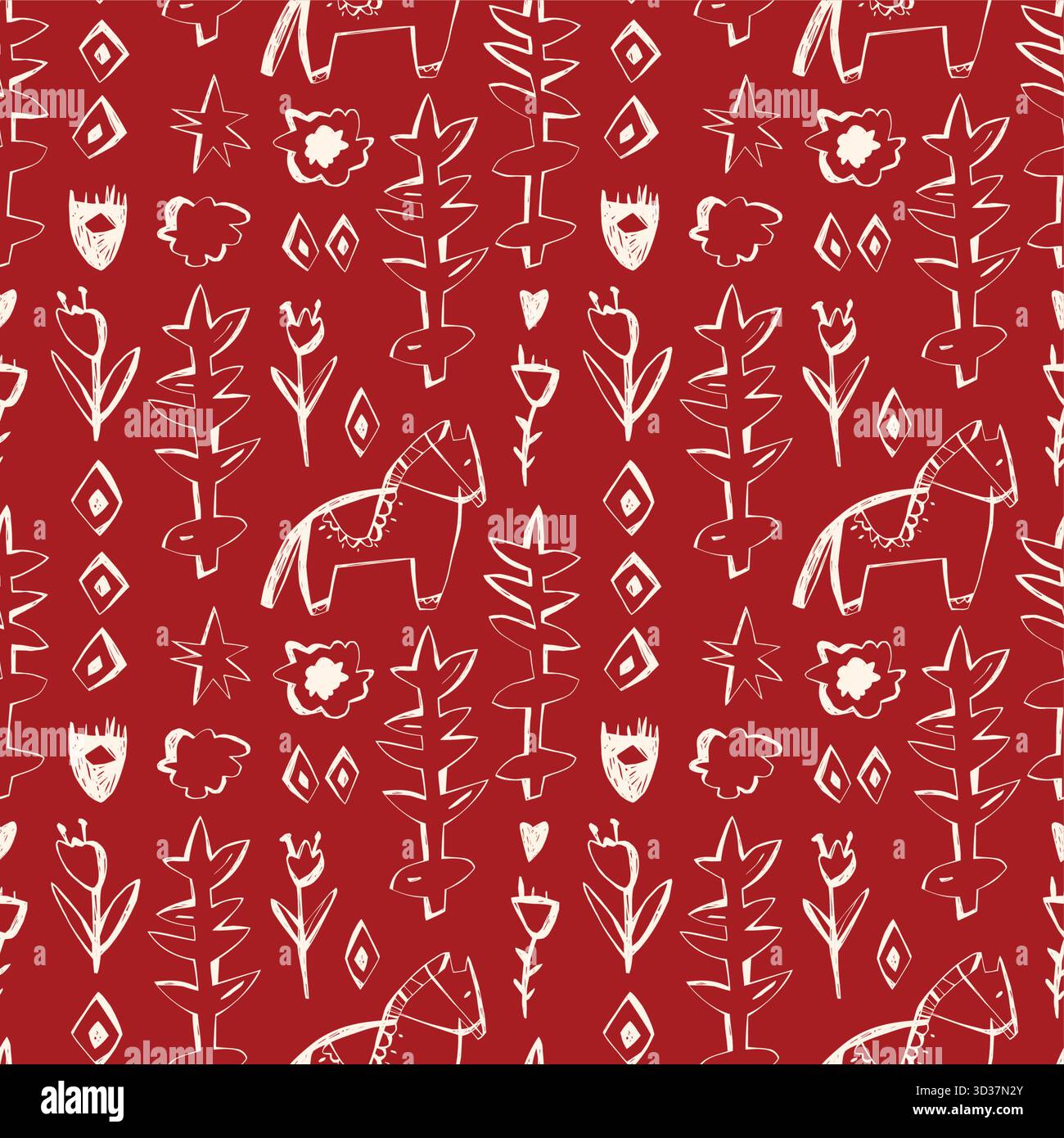 Scandinavian folk red pattern with dala horse floral ornaments hearts ...