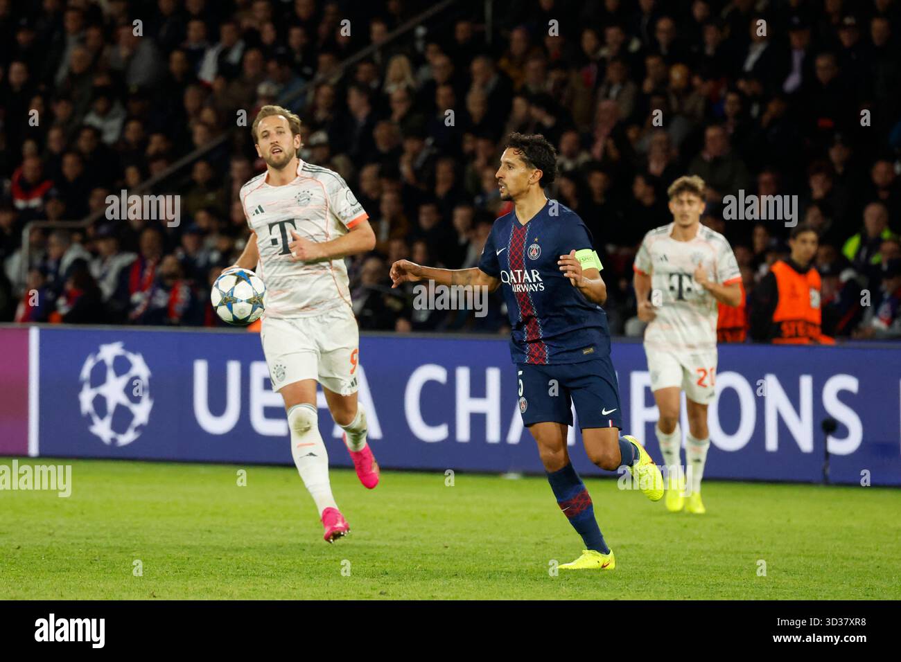 PSG’s Marquinhos battles Bayern Munich’s Harry Kane during the 2025-26 ...