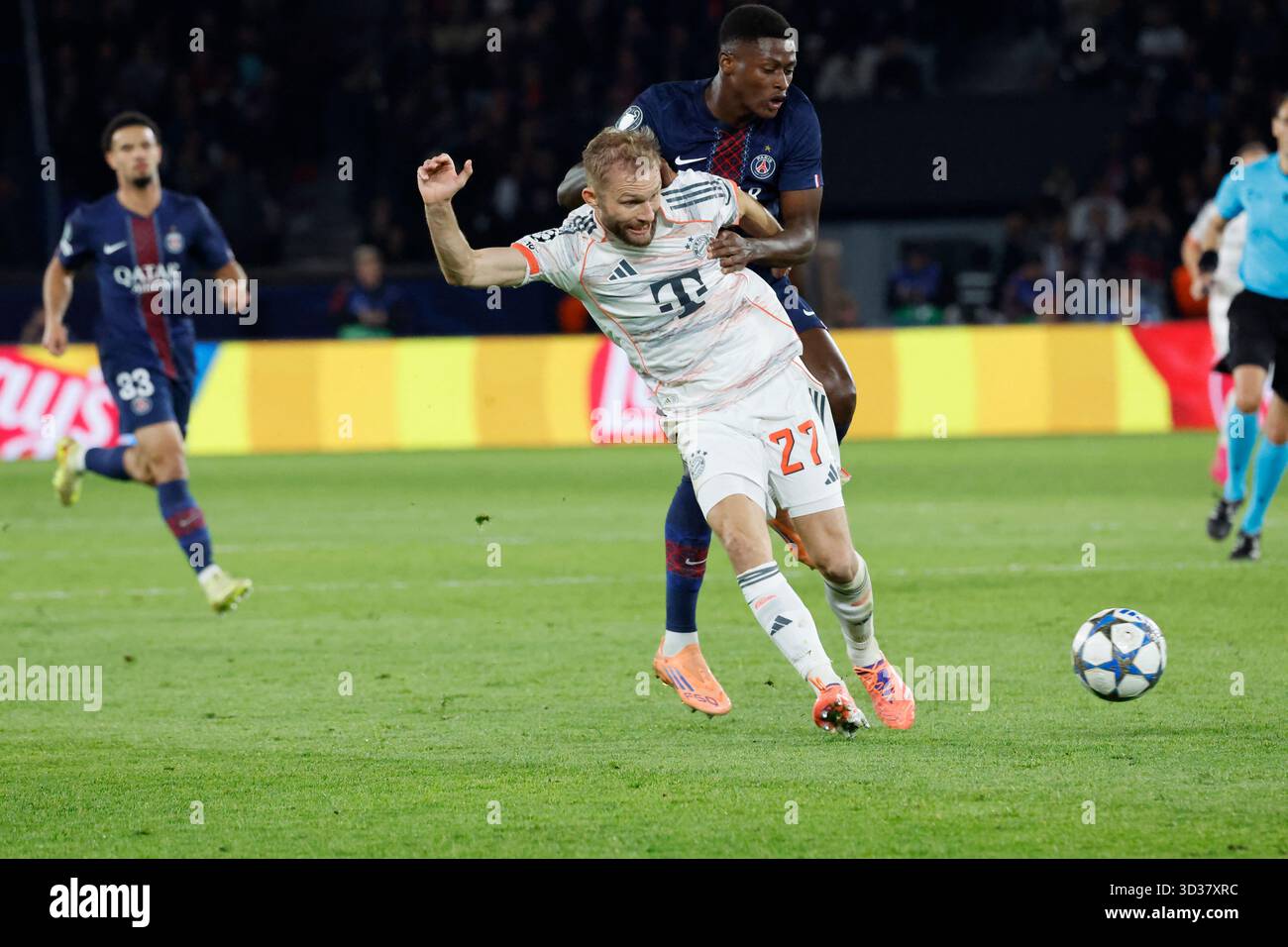 PSG’s Nuno Mendes battles Bayern Munich’s Konrad Laimer during the 2025 ...