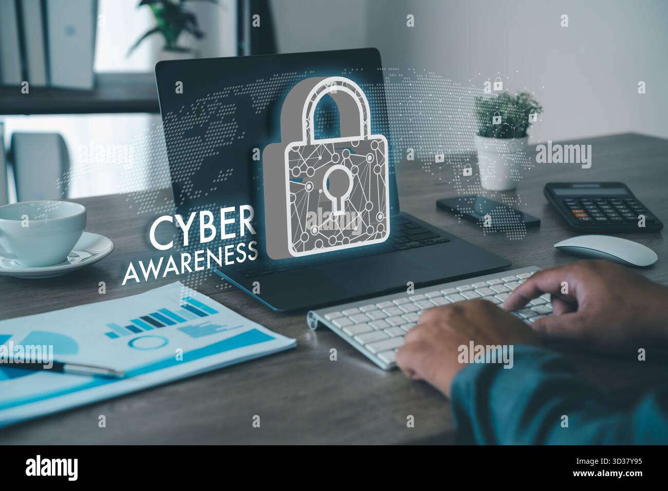 cyber security awareness Hands typing at an office desk with a laptop ...