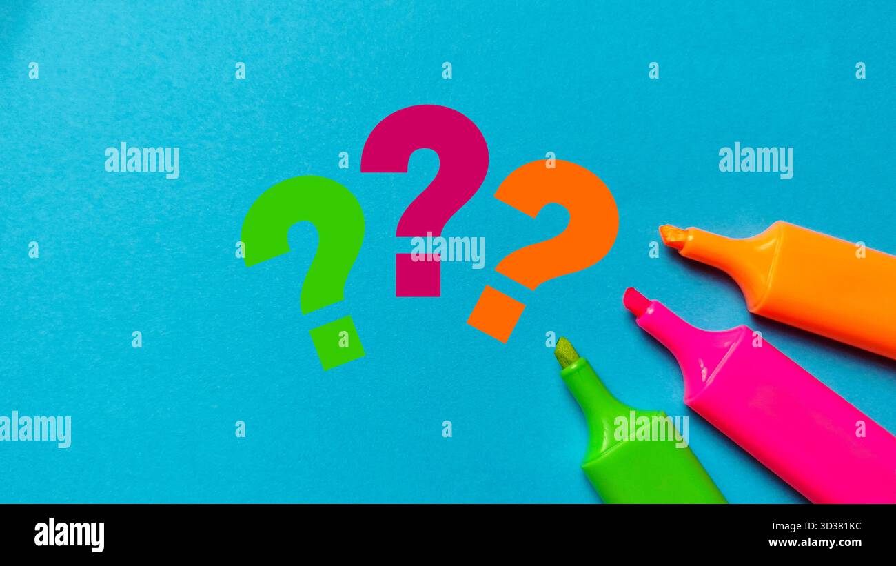 Colorful three question marks and highlighter pens on a bright blue ...