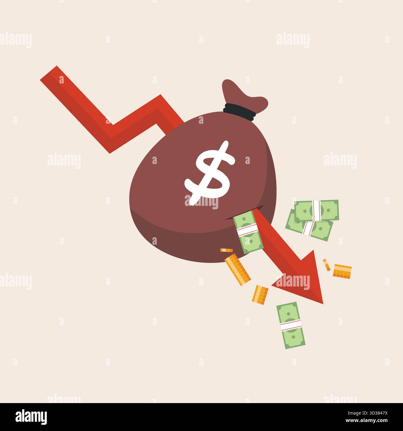 Red arrow graphs fall down to attack the money bag. Financial crisis ...