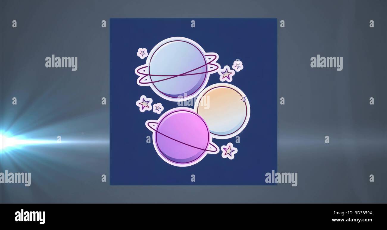 Floating three pastel planets with rings on gray background, with star ...