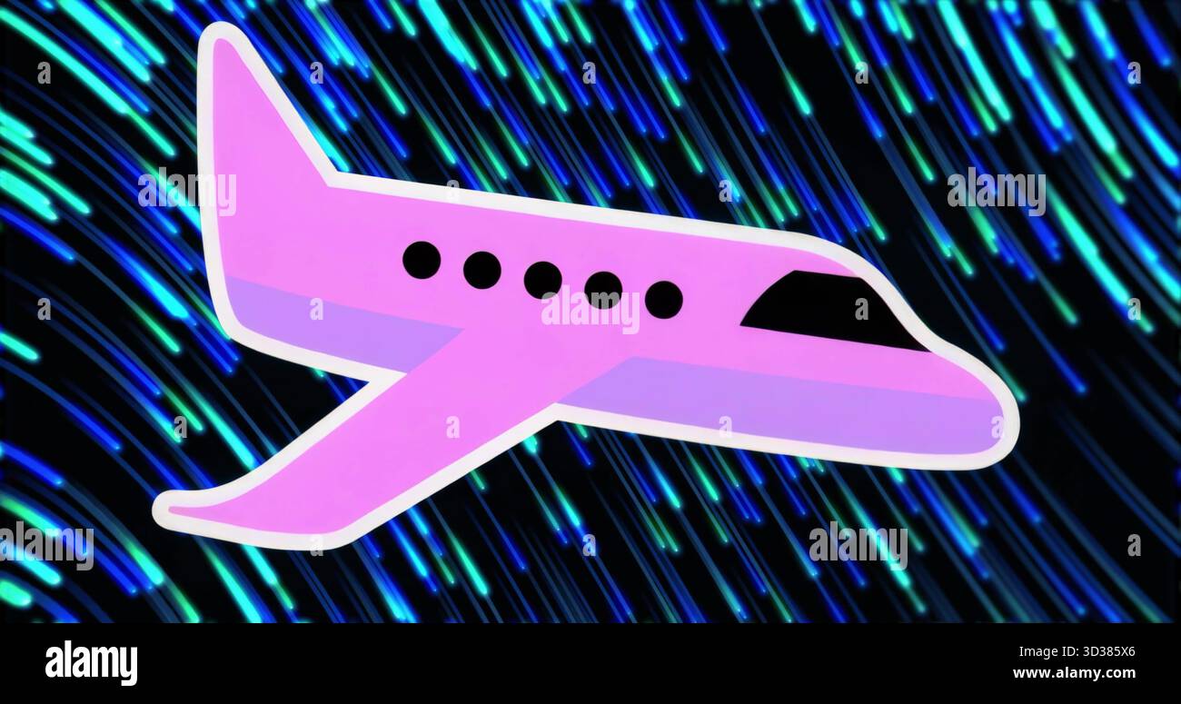 Floating pink jet airplane showing five windows over dark cosmic ...
